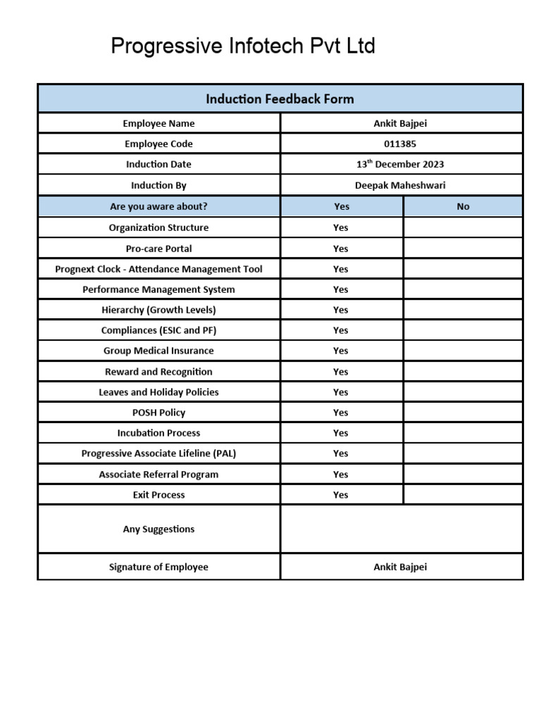Induction Feedback Form | PDF