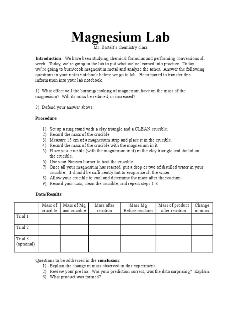 Burning Magnesium Lab Procedure | PDF | Magnesium | Chemical Elements