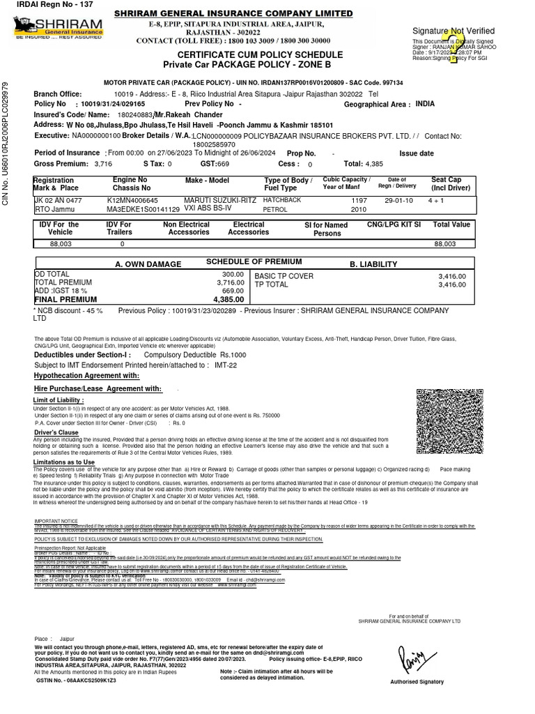 Shriram General Insurance Policy Details | PDF