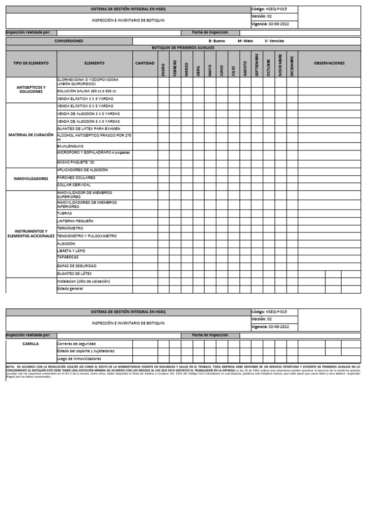 HSEQ-F-015 Inspección e Inventario de Botiquin | PDF
