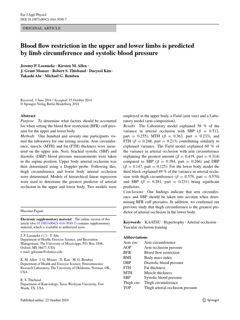 Blood Flow Restriction in The Upper and Lower Limbs Is Predicted by ...