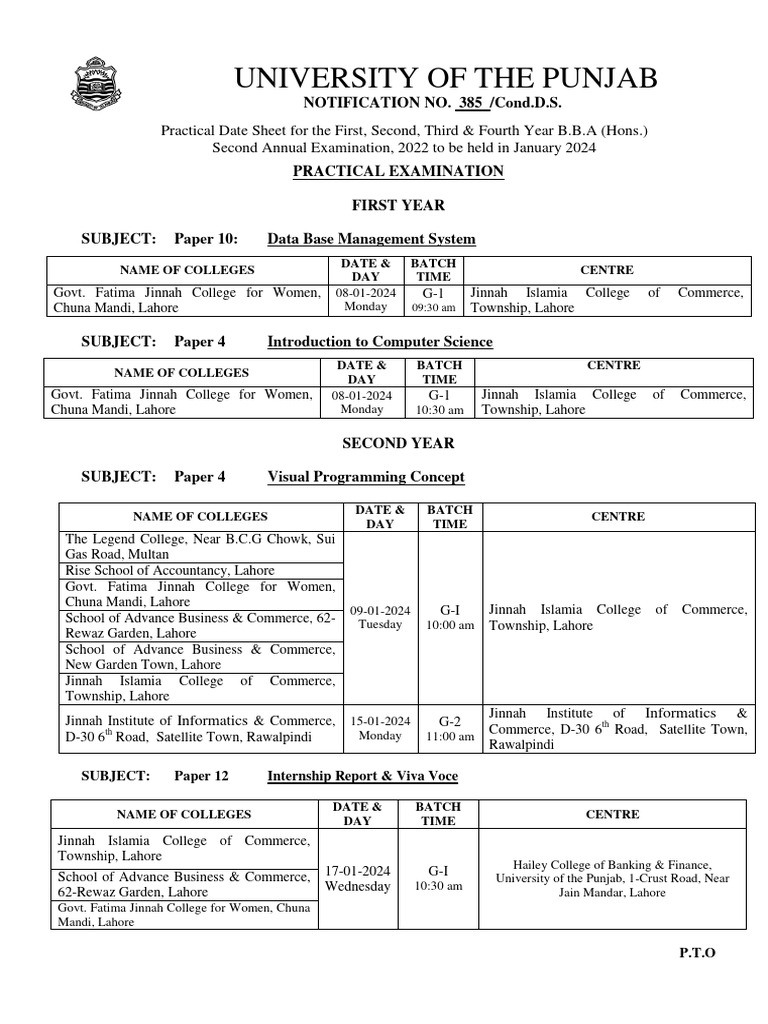 Practical Date Sheet For The First Second Third Fourth Year BBA Hons 40035 | PDF | Lahore | Pakistan