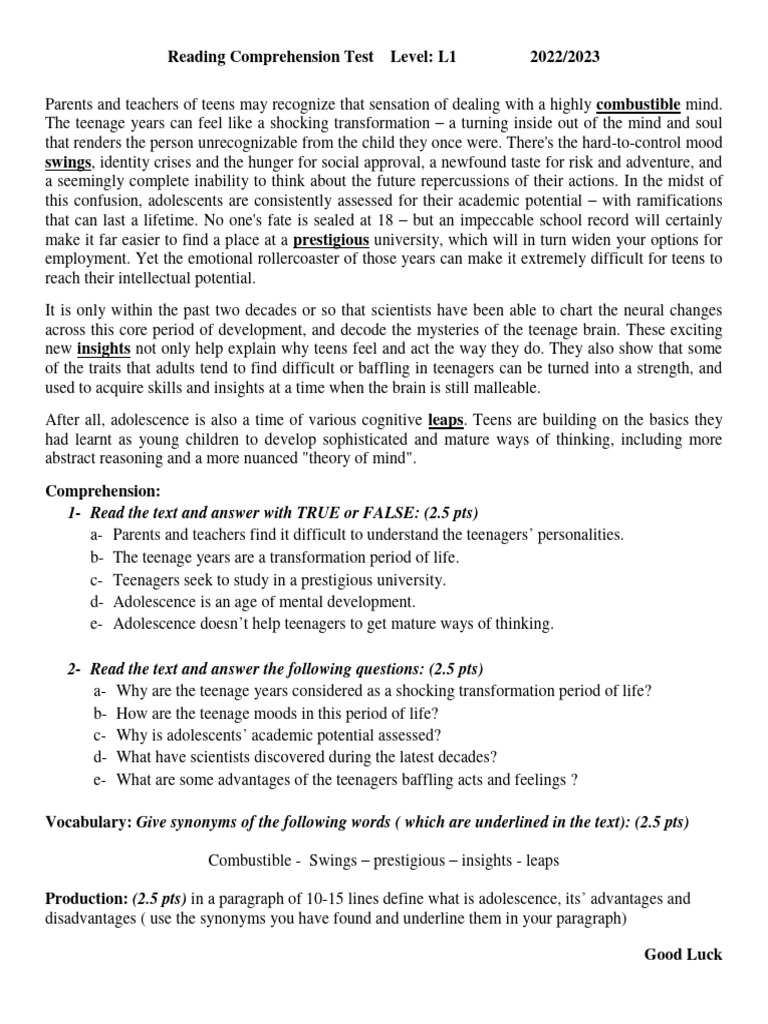 RC Test | PDF | Adolescence | Neuroscience