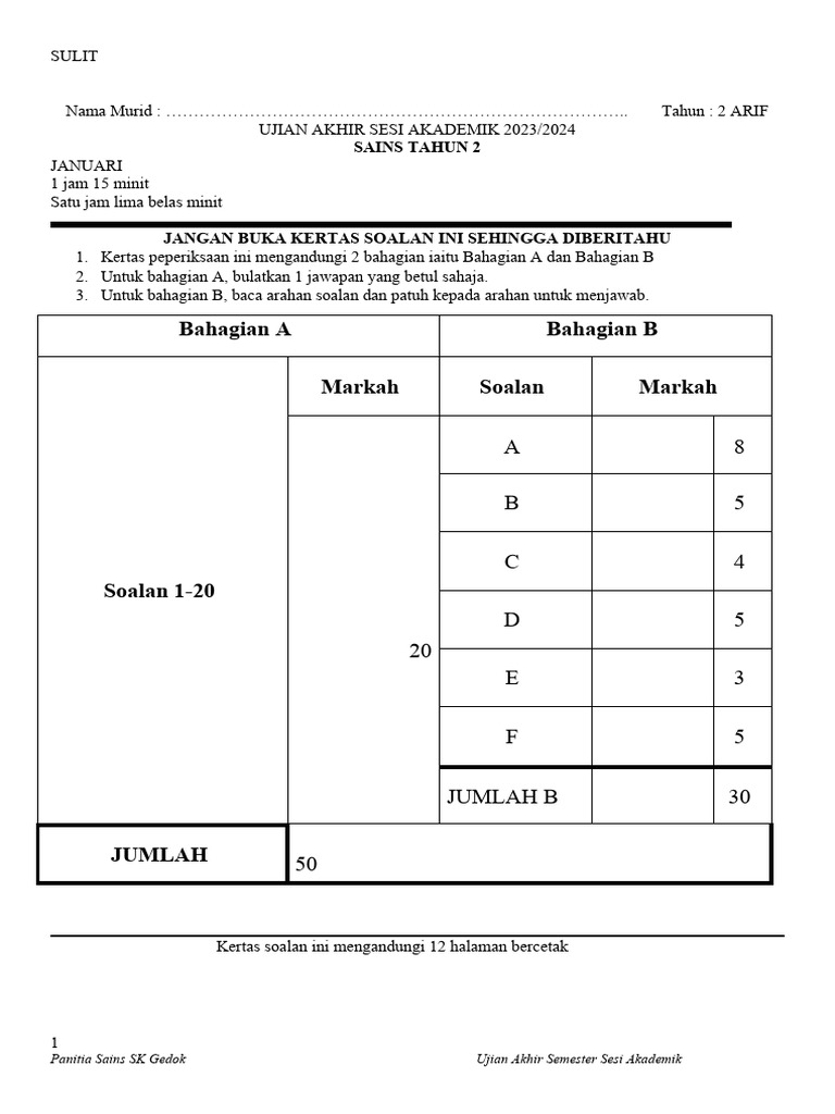 UASA SAINS Tahun 2 2023 | PDF