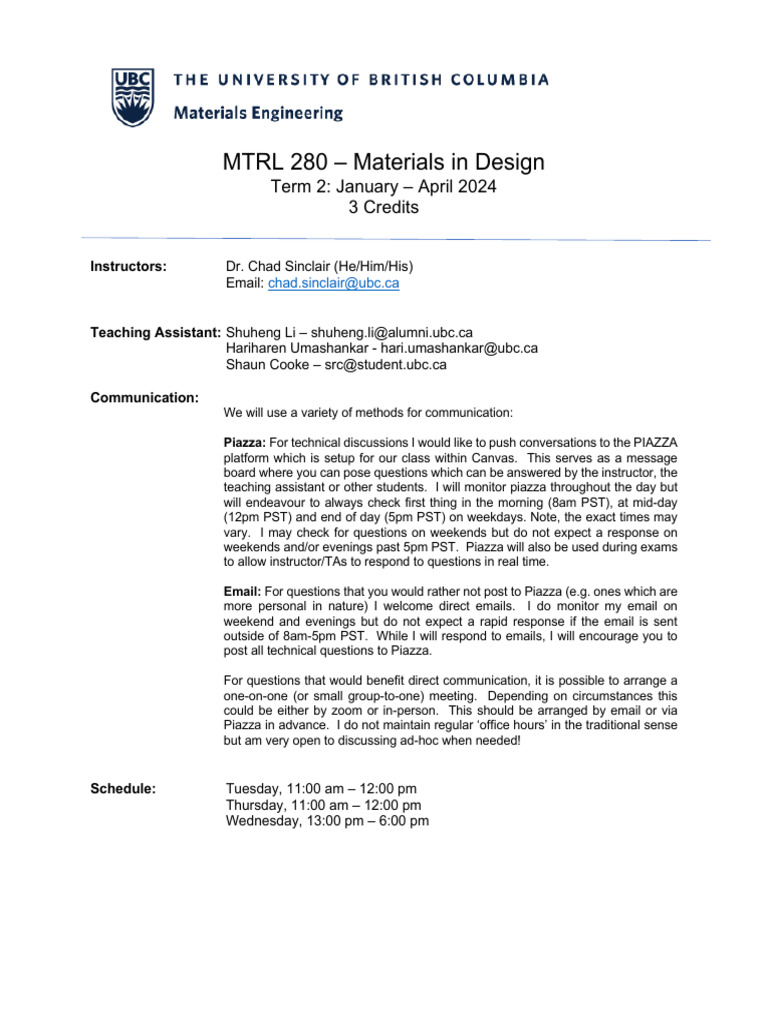 MTRL 280 Syllabus 2024 | PDF