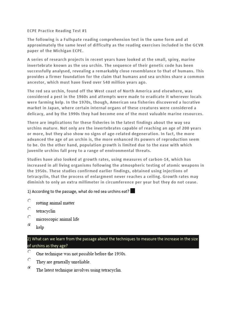 ECPE Reading Test: Sea Urchin Insights | PDF