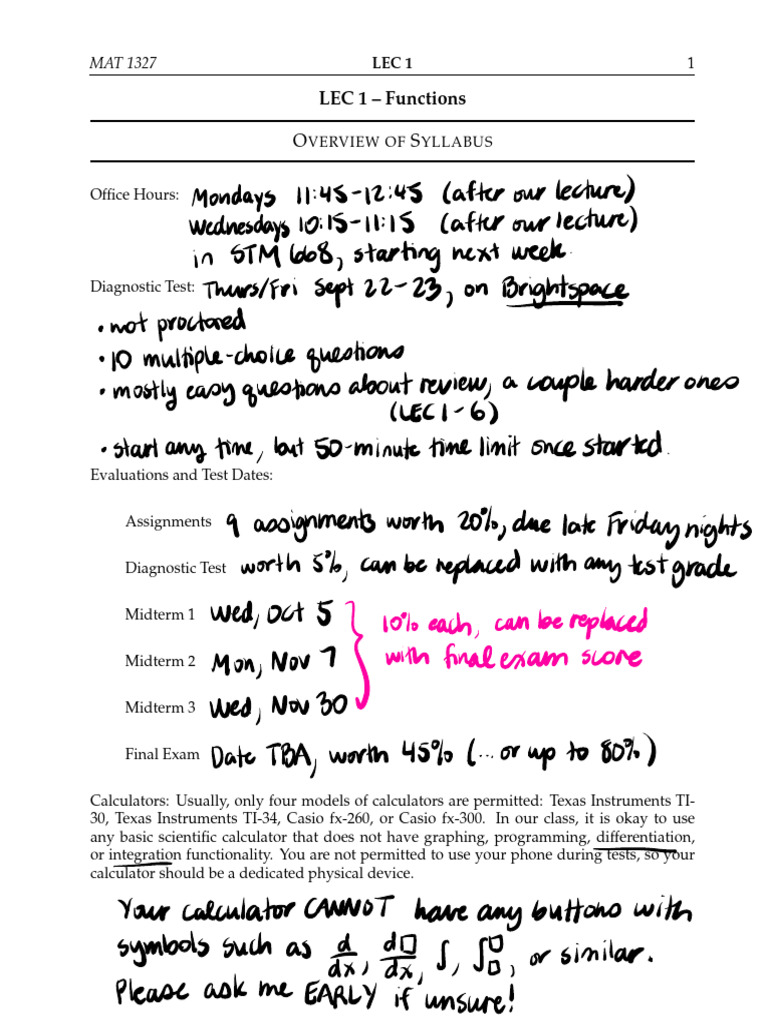 MAT 1327 Lecture 1 Filled | PDF | Function (Mathematics) | Calculator