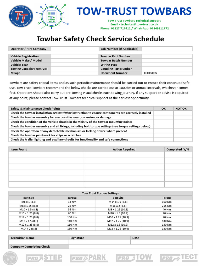 теглич документ TOW-TRUST Towbar Safety Check Service Schedule ...