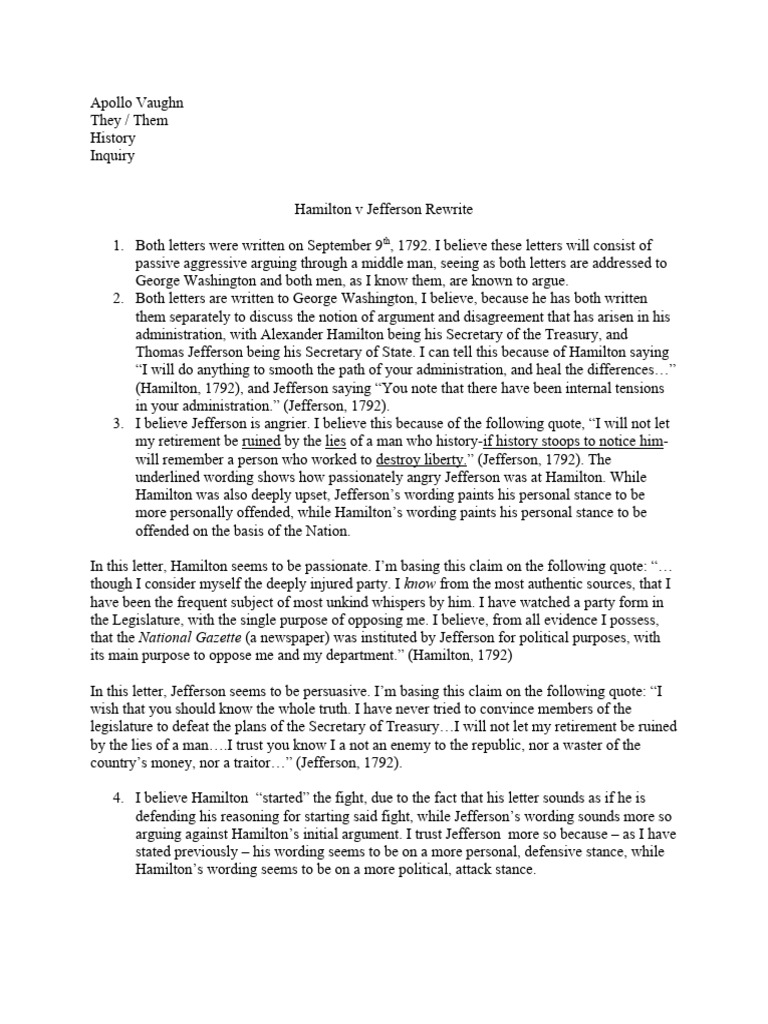 Hamilton vs. Jefferson: Letters Analyzed | PDF | Thomas Jefferson