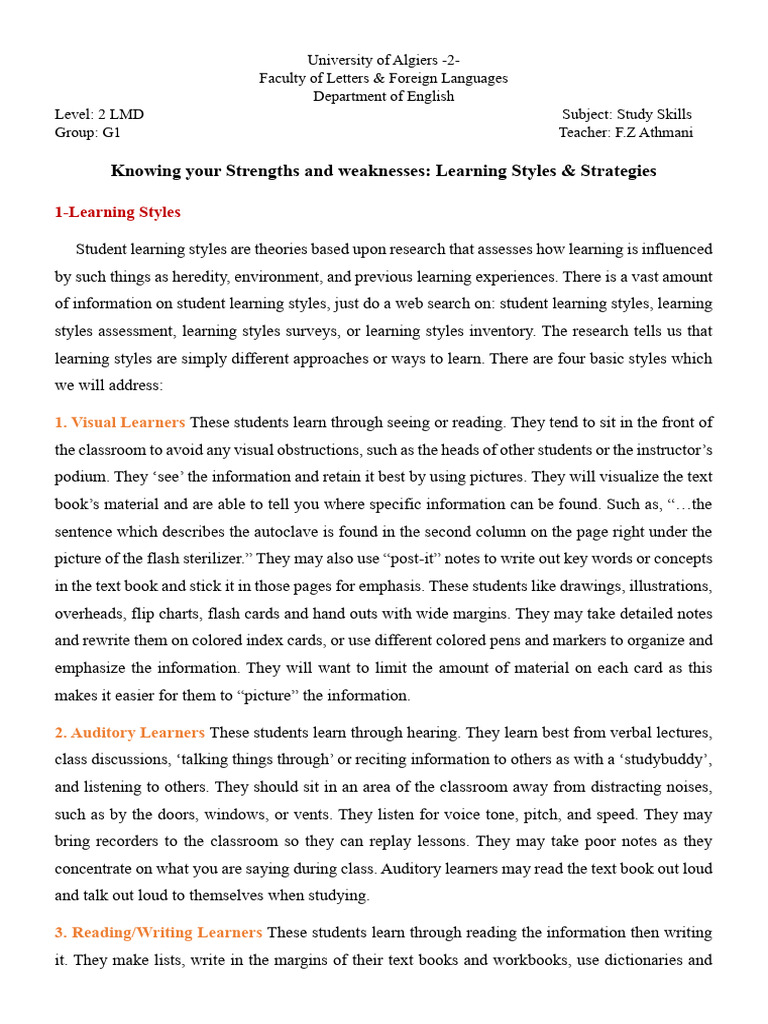 Learning Styles & strategies | PDF | Learning | Affect (Psychology)