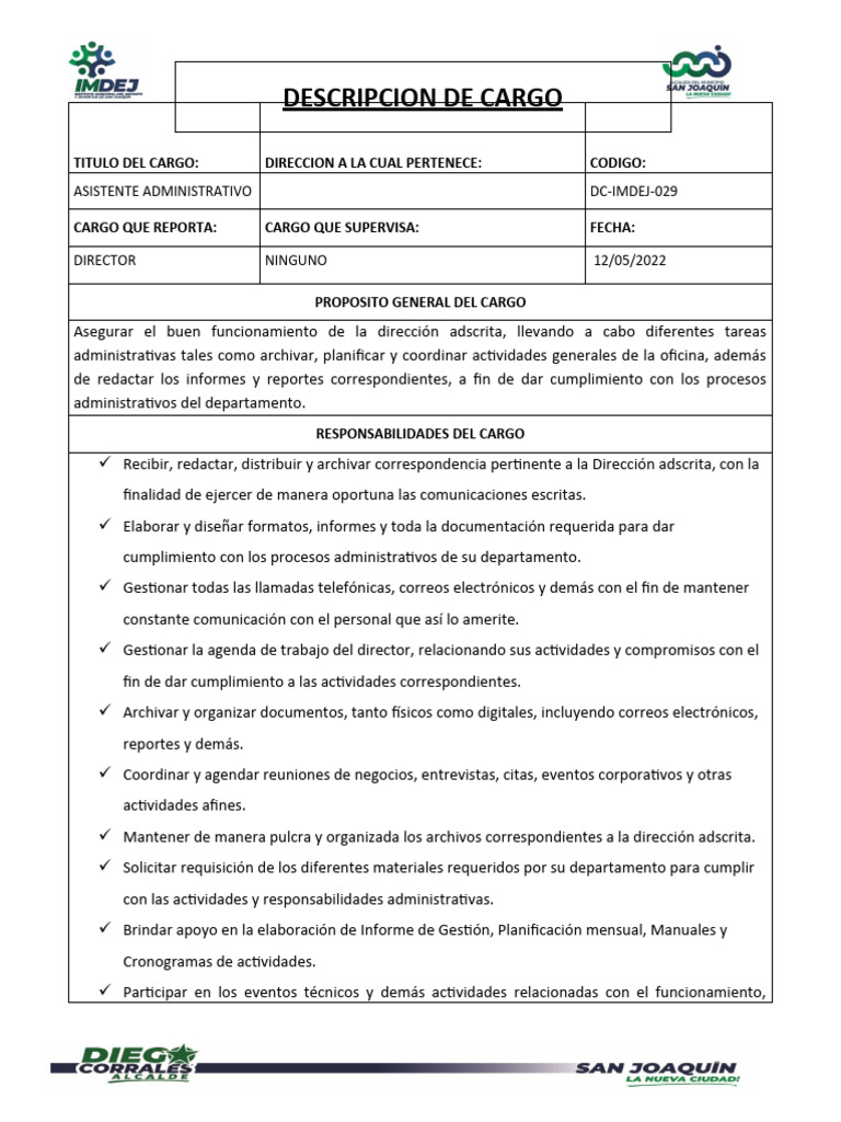 Descripcion de Cargo Asistente Administrativo | PDF