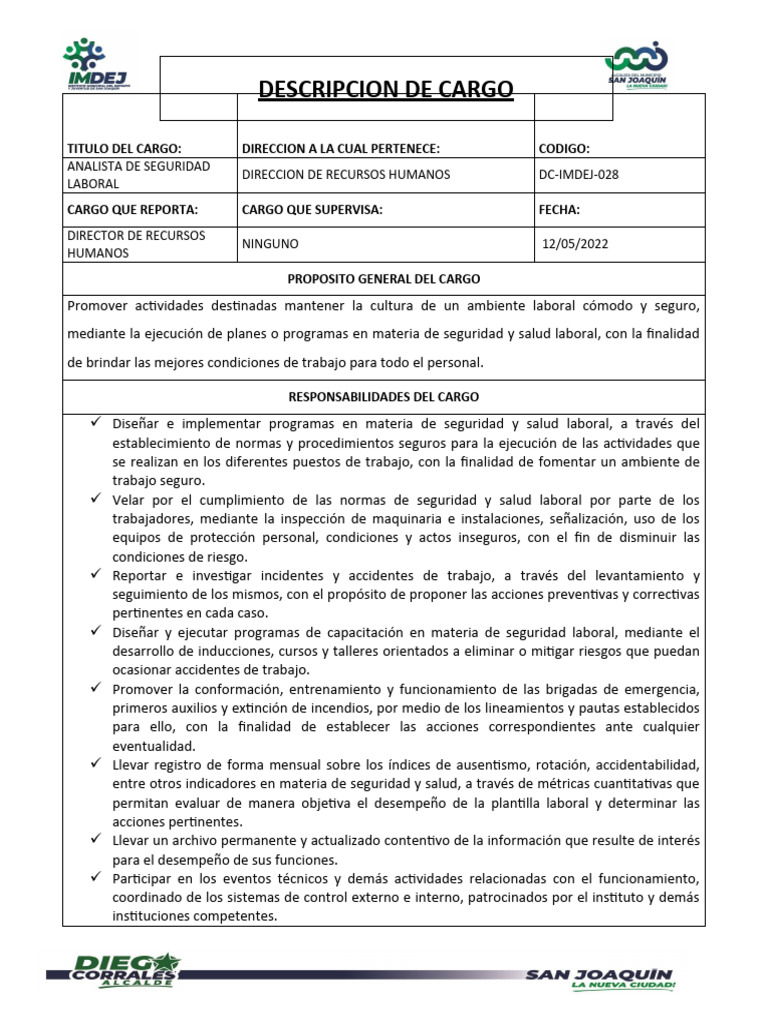 DESCRIPCION DE CARGO ANALISTA DE SEGURIDAD LABORAL | PDF | Seguridad y salud ocupacional