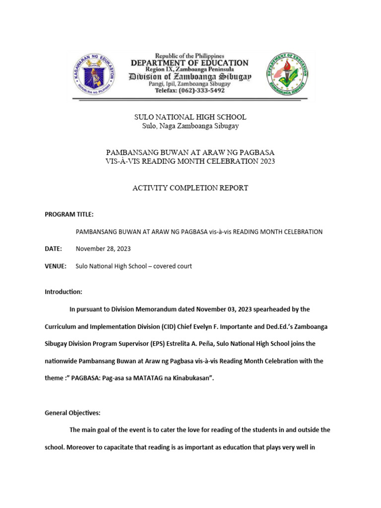 Accomplishment Report - Buwan NG Pagbasa 2023 | PDF | Human ...