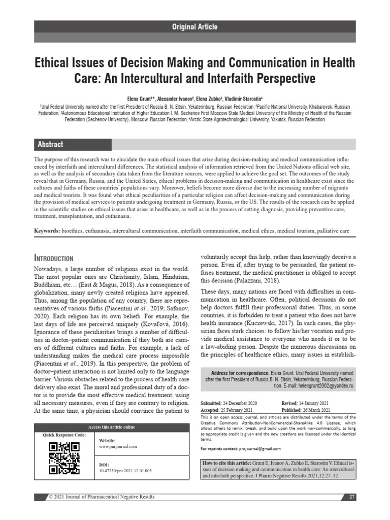 Ethical Issues of Decision Making and Communication in Health Care: An ...