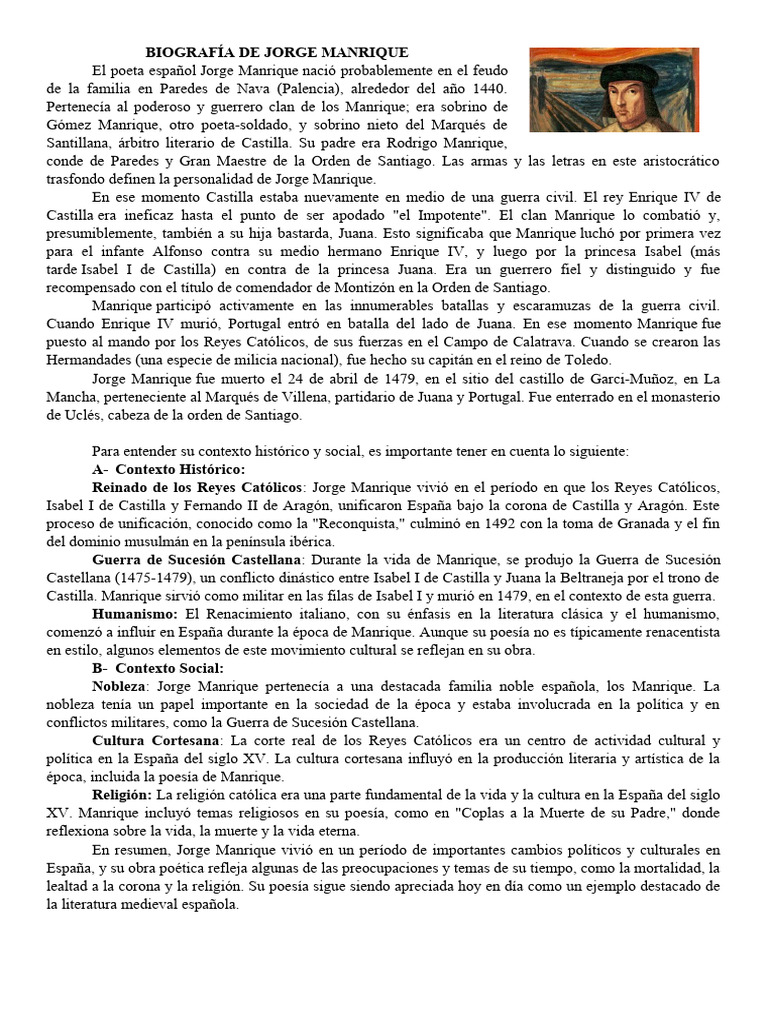 Biografía de Jorge Manrique | Descargar gratis PDF | España