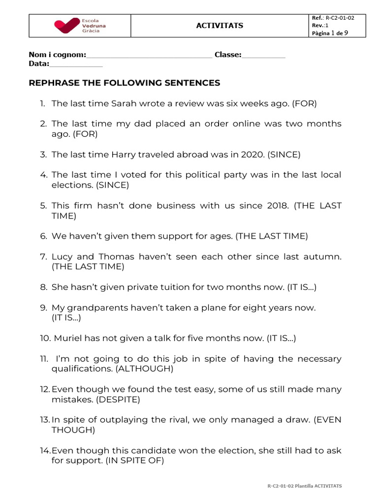 English Sentence Rephrasing Tasks | PDF