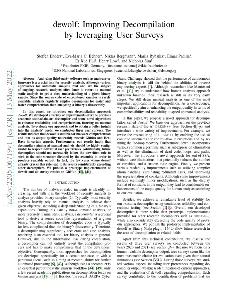 Dewolf: Improving Decompilation by Leveraging User Surveys | PDF
