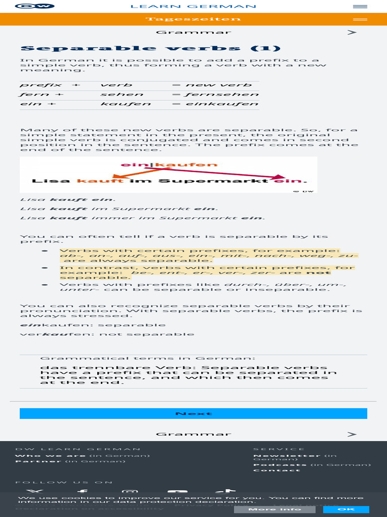 Separable Verbs (1) Grammar Tageszeiten DW Learn German | PDF