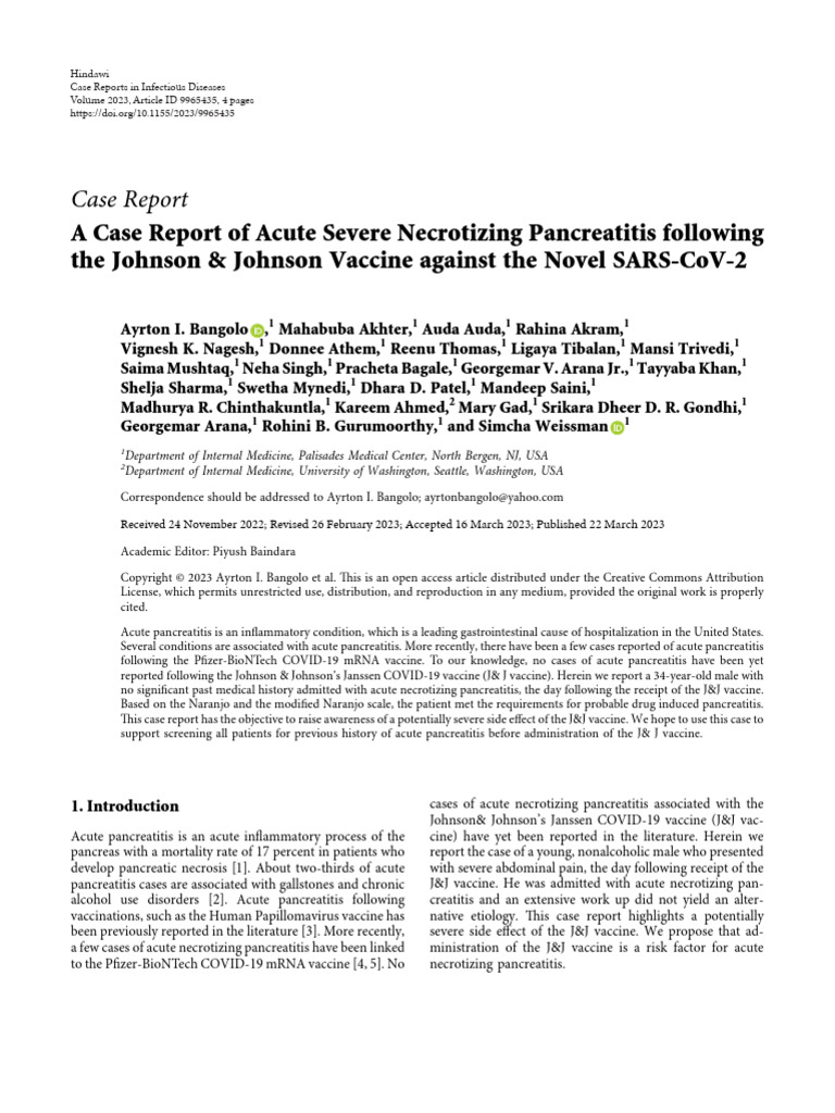 A Case Report of Acute Severe Necrotizing Pancreatitis Following ...