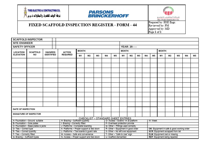 Form 44 Fixed Scaffold Checklist and Register | Download Free PDF | Scaffolding | Safety