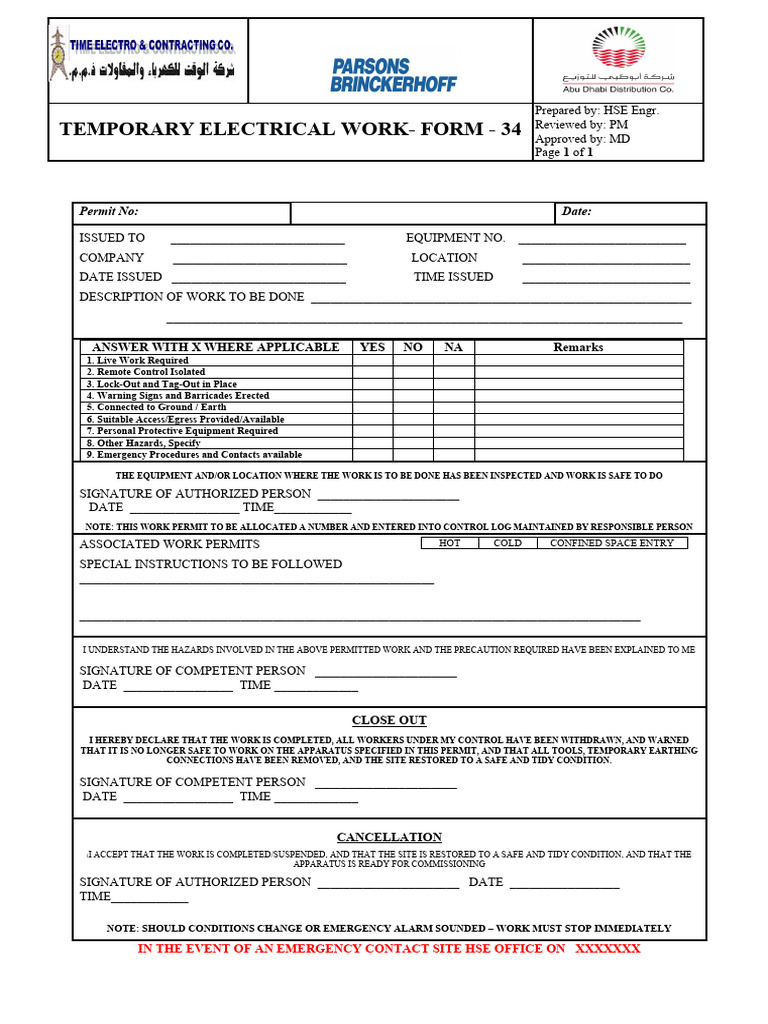 Temporary Electrical Work Permit | PDF | Safety | Occupational Safety ...