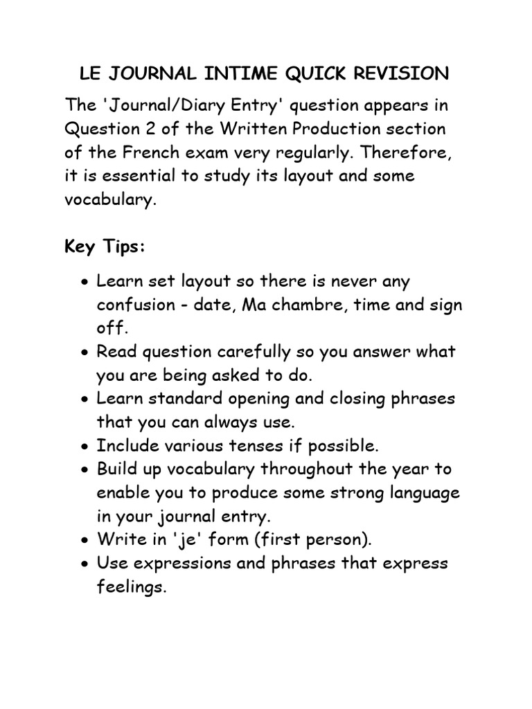 Le Journal Intime Quick Revision | PDF