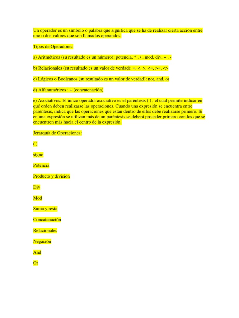 Un Operador Es Un Símbolo o Palabra Que Significa Que Se Ha de Realizar ...