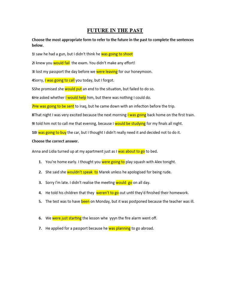 Future in the Past Exercise | PDF