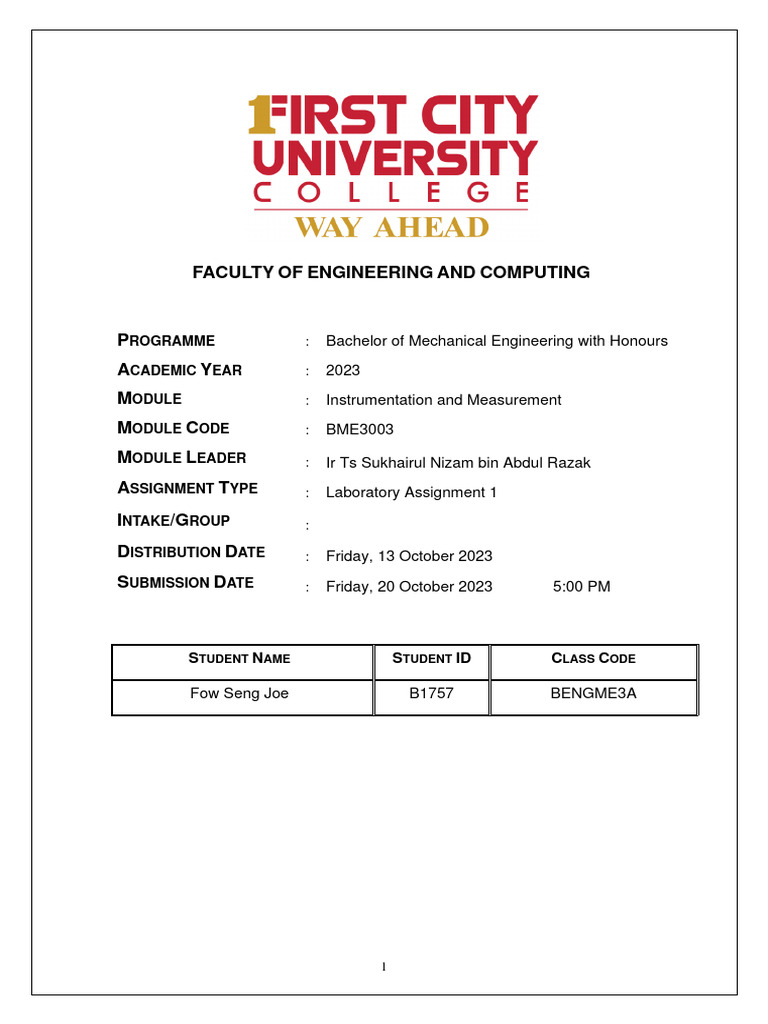 Fow Seng Joe (B1757) - Dec 2023 Laboratory Assignment 1 | PDF | Accuracy And Precision | Measurement