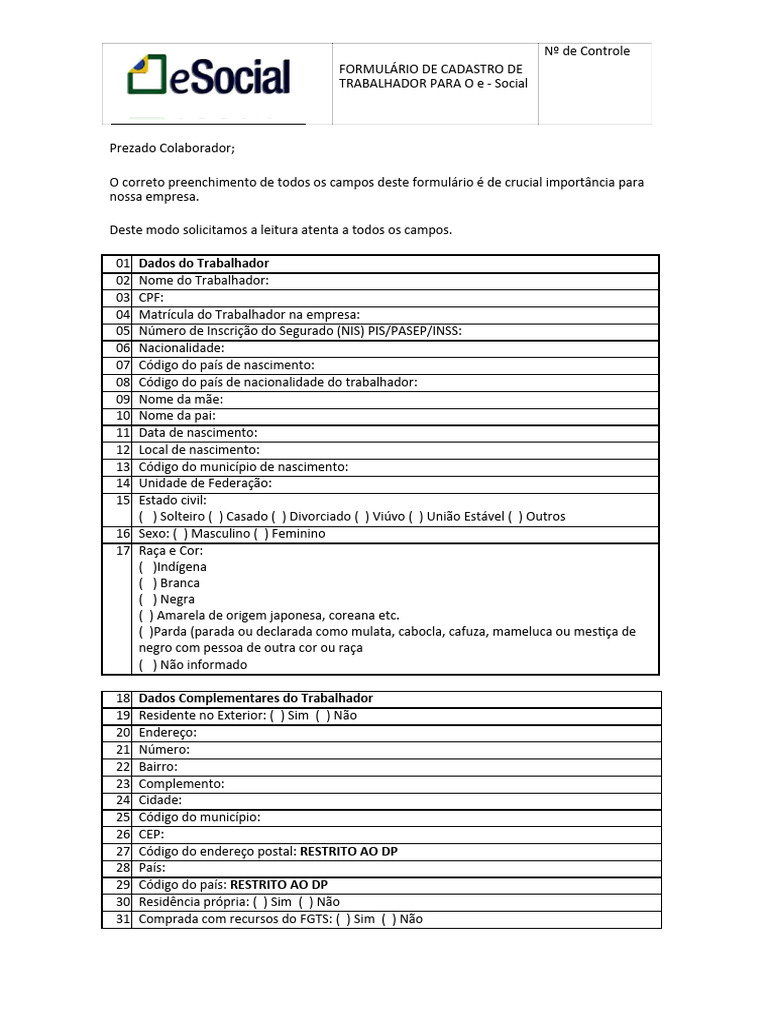 Formulario-Esocial Cadastro de Empregados - Completo | PDF | Ensino médio