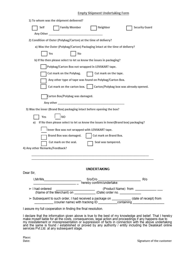 Empty Shipment Undertaking Form | PDF | Freight Transport
