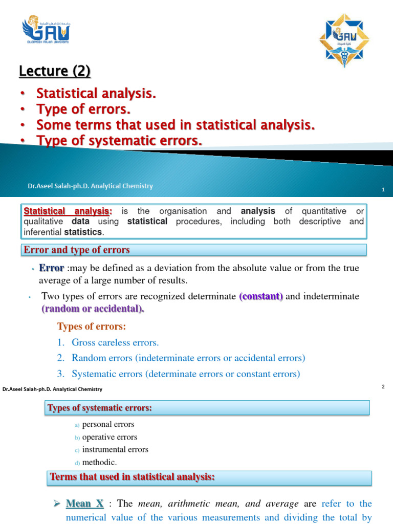 Lec 2 Statistical Analysis Pdf Errors And Residuals Statistics 