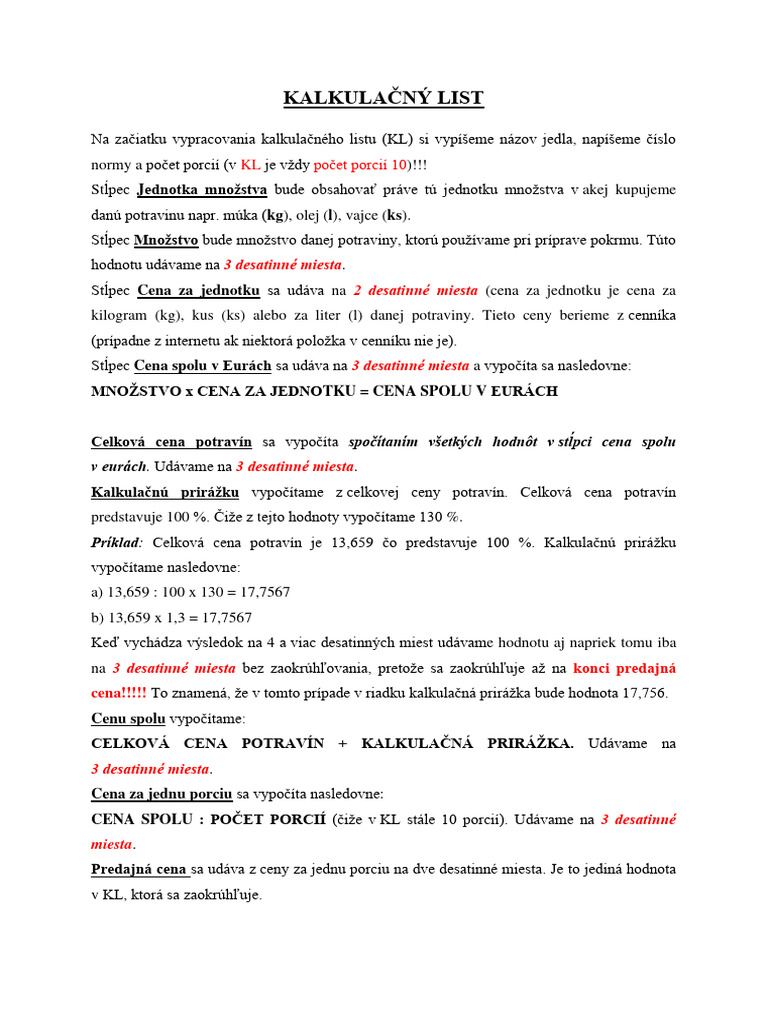 Kalkulačný List Manuál Vzor | PDF
