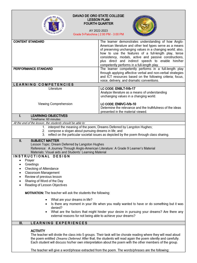 Sample 4as Lesson Plan English | PDF | Lesson Plan | Learning