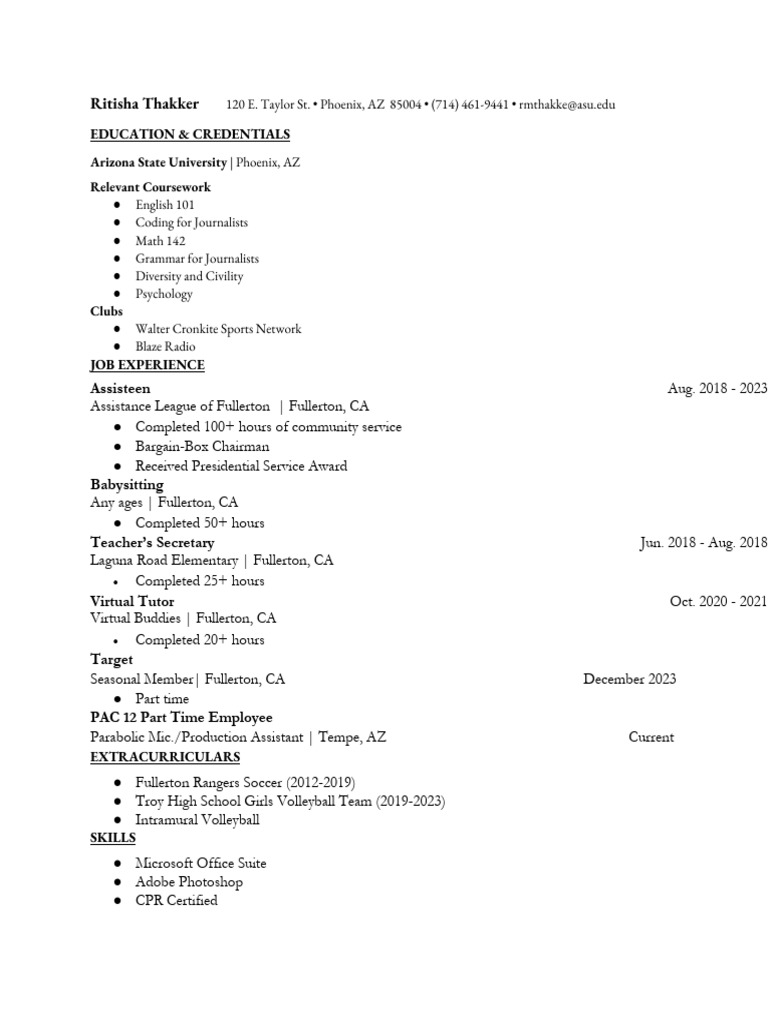 Ritisha Thakker Resume Asu | PDF