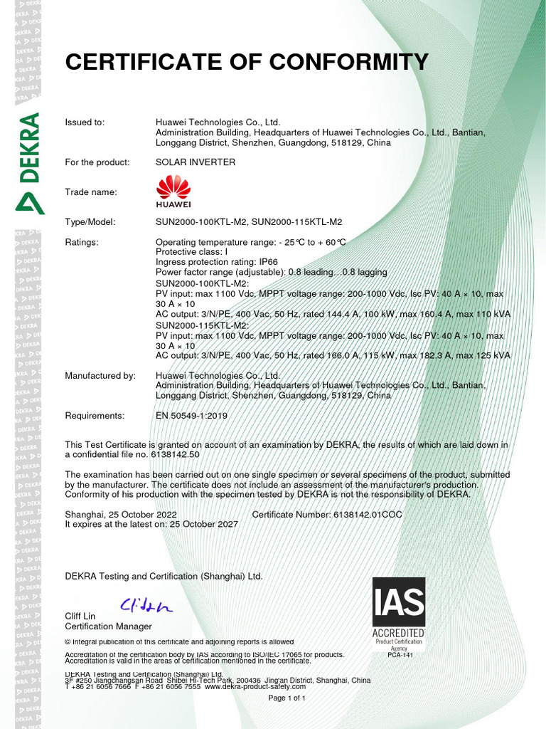 Huawei Certificate EN 50549 1 100-115KTL-M21 | PDF | Technology & Engineering