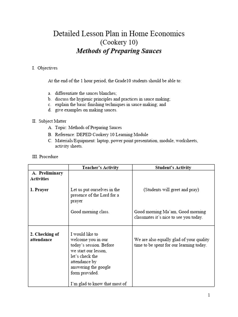 Methods of Preparing Sauces LESSON PLAN 1 | PDF | Sauce | Butter