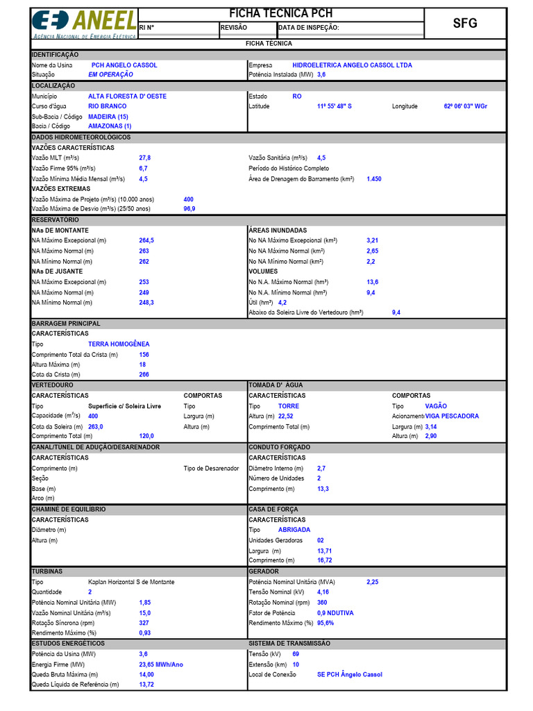Ficha Tecnica - PCH Ângelo Cassol | PDF