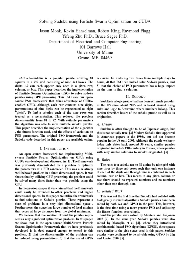 Solving Sudoku Using Particle Swarm Optimization On Cuda Pdf 0363