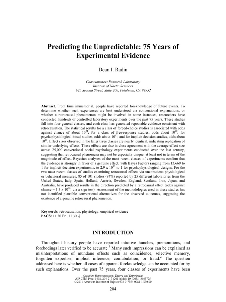 Dean Radin - Predicting The Unpredictable - 75 Years of Research | PDF | Experiment | Evidence