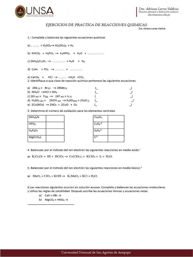 Ejercicios de Practica de Reacciones Quimicas-2021 | PDF | Métodos y materiales de enseñanza ...