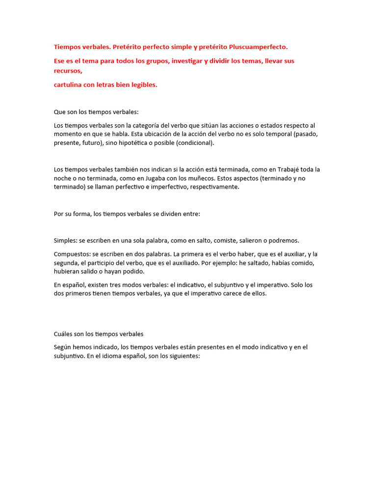 Tiempos Verbales | PDF | Verbo | Gramática