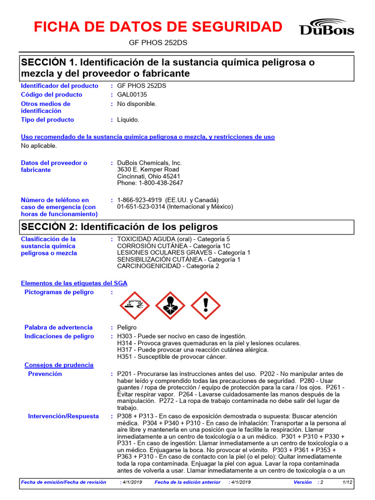 Ficha de Seguridad GF PHOS 252DS | PDF | Agua | Contaminación