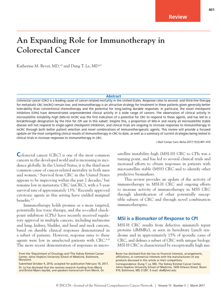 An Expanding Role For Immunotherapy In Colorectal Cancer Pdf
