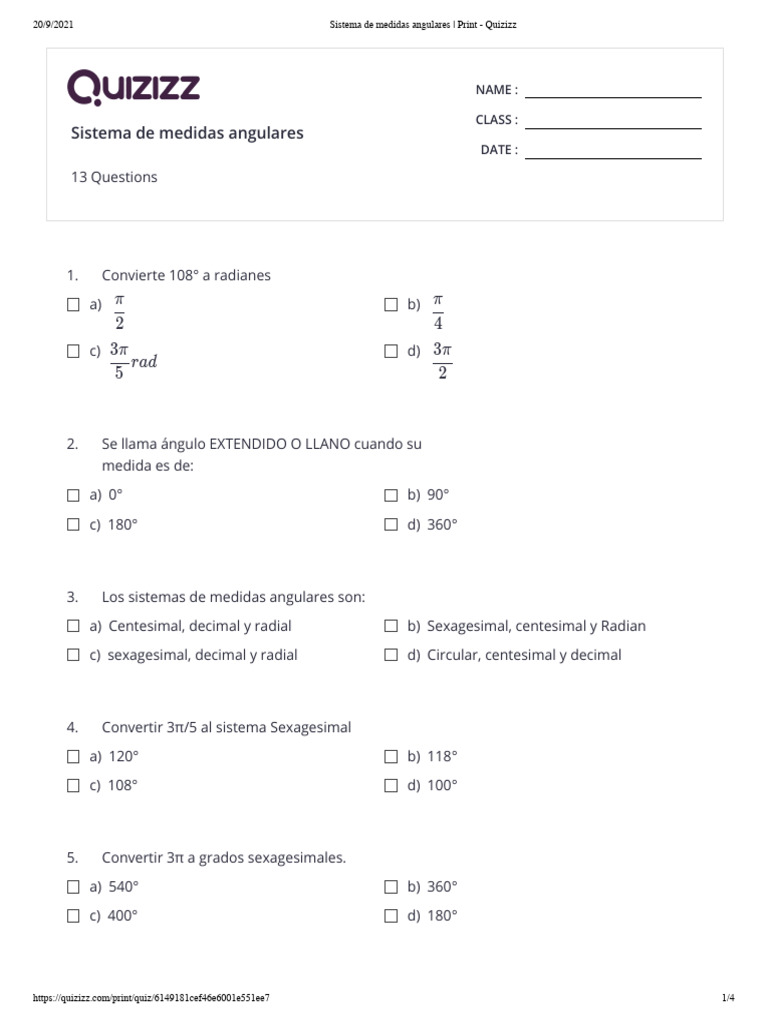4.9 - Sistema de Medidas Angulares - Print - Quizizz | PDF | Unidades ...