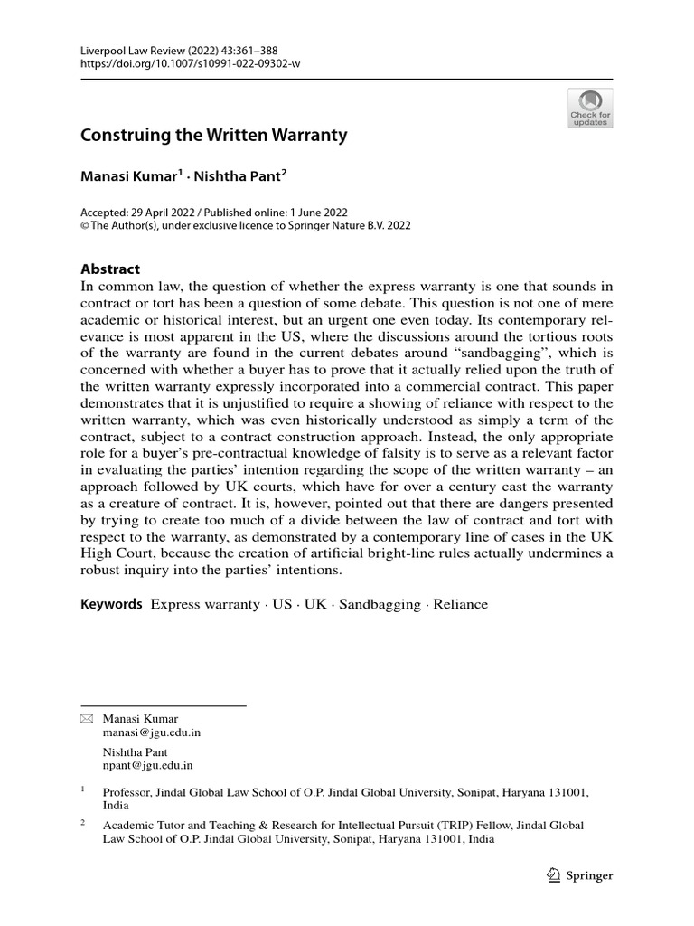 Construing The Written Warranty: Manasi Kumar Nishtha Pant | PDF | Tort ...