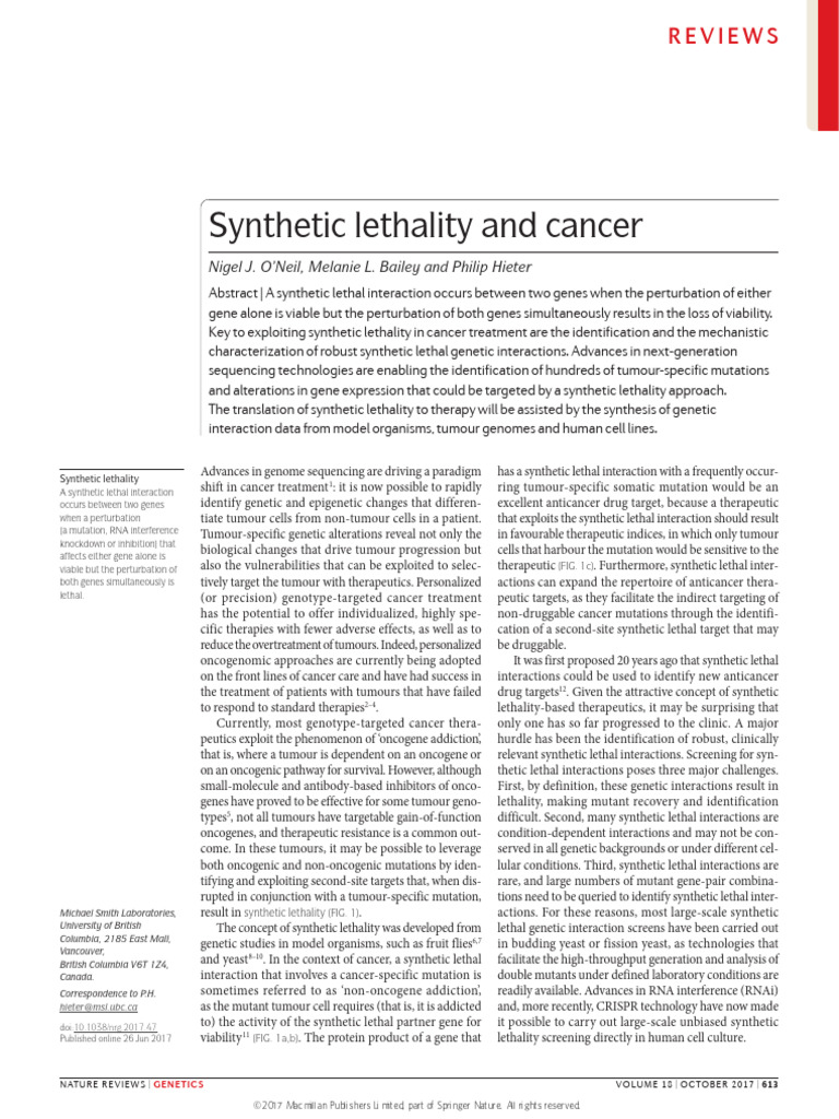 Synthetic Lethality and Cancer | PDF | Dna Repair | Protein–Protein ...
