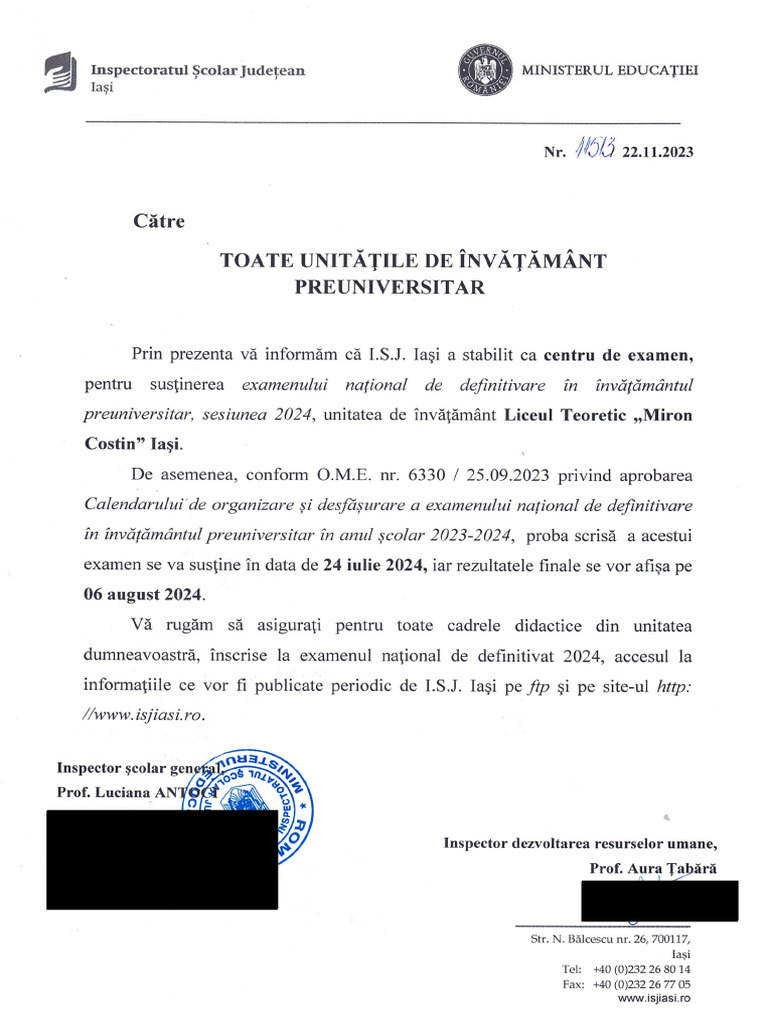 Anunt Centru de Examen Definitivat 2024 | PDF