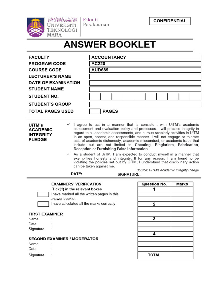 Answer Scripts Front Page - Aud689 | PDF