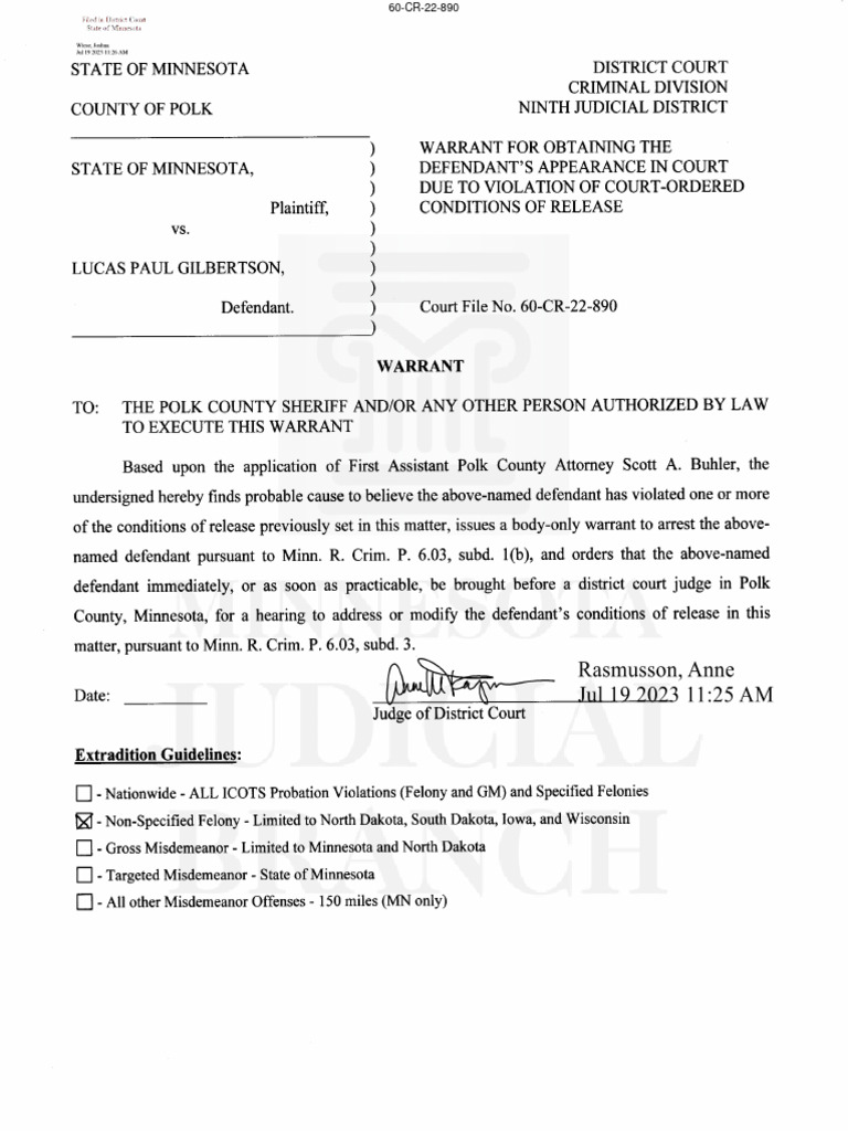 Minnesota Court Warrant for Lucas Gilbertson | PDF | Arrest Warrant | Felony